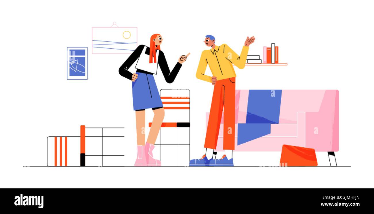 Couple quarrel, angry male and female characters conflict. Husband and ...