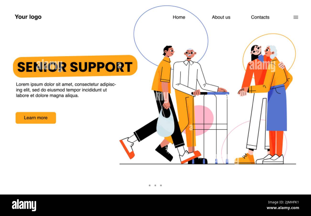Senior support landing page. Volunteers help and care old people. Young ...