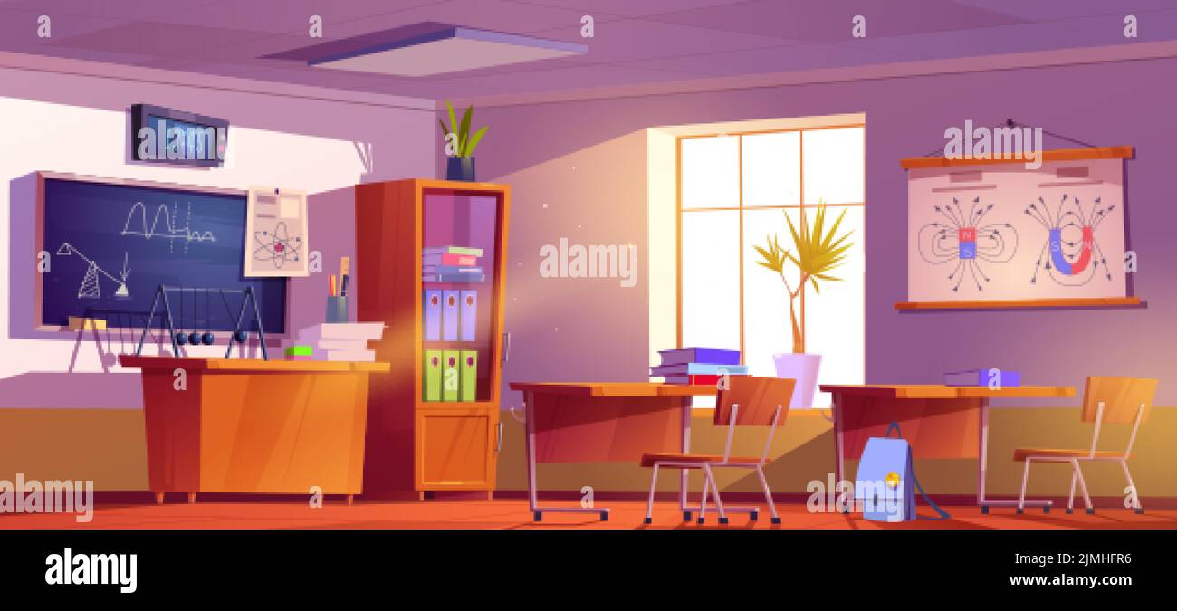 Physics classroom interior, school class with student desks, lesson ...