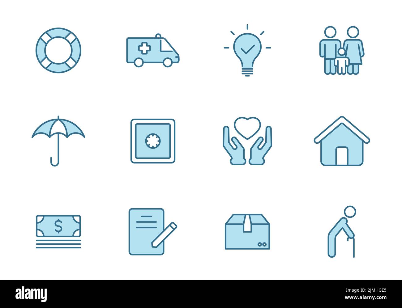 Insurance flat vector icons in two colors isolated on white background ...