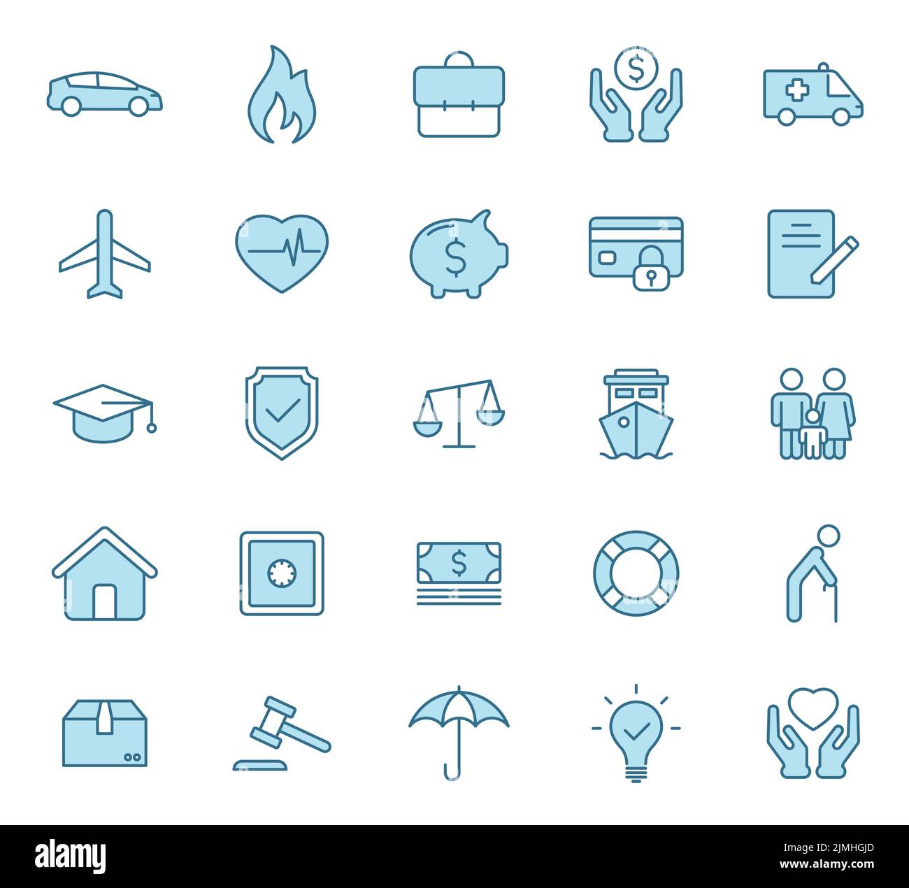 Insurance flat vector icons in two colors isolated on white background ...