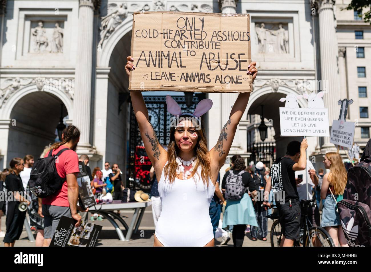 London, UK. 6 August 2022. Animal rights activists march in London for ...
