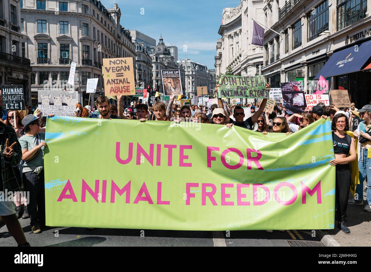 London, UK. 6 August 2022. Animal rights activists march in London for ...