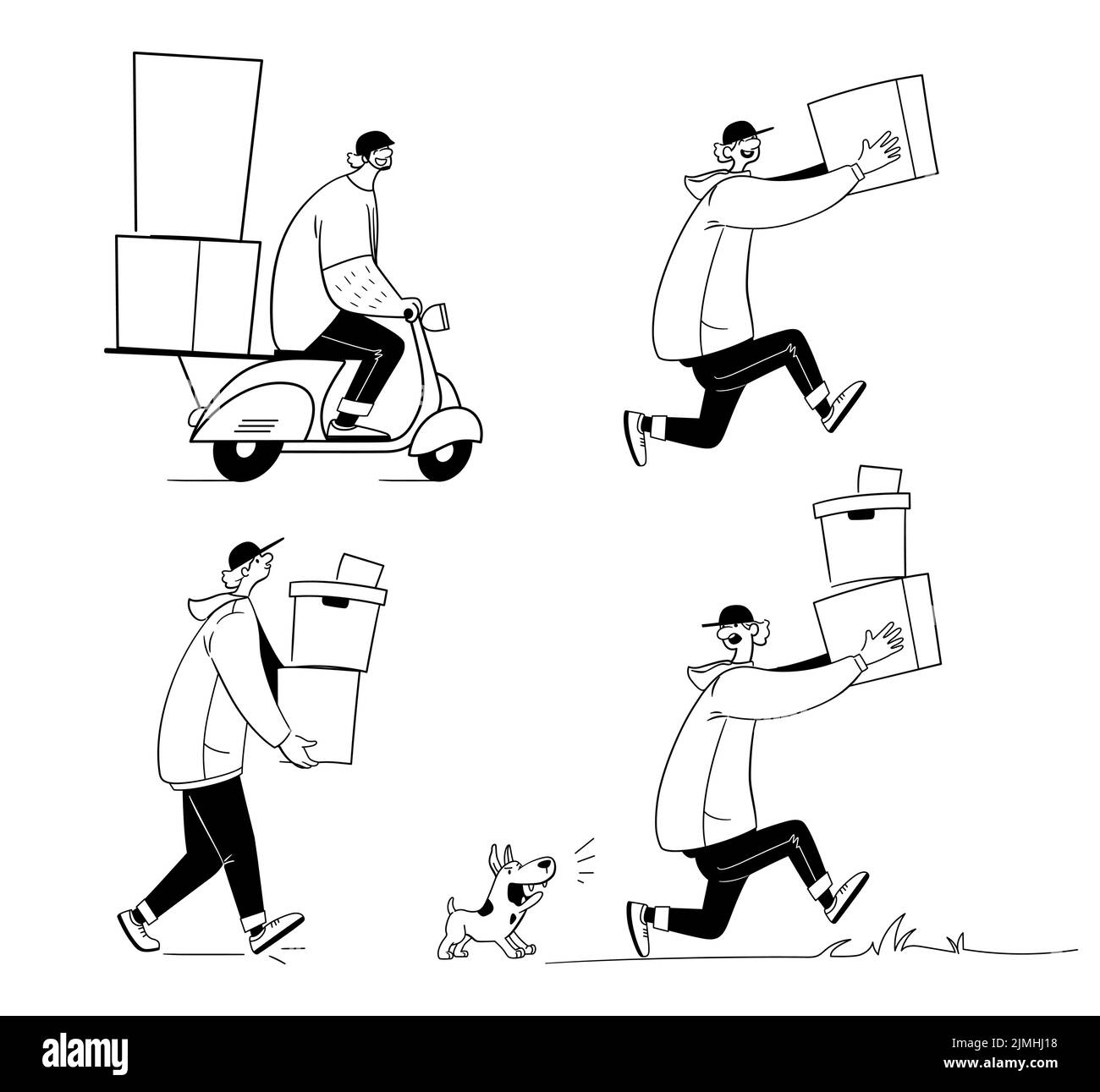 Online delivery, home and office delivery. Set of funny line art ...
