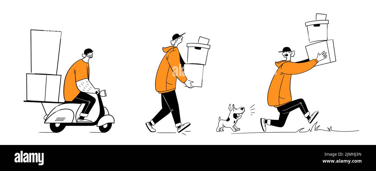 Online delivery, home and office delivery. Set of funny line art ...