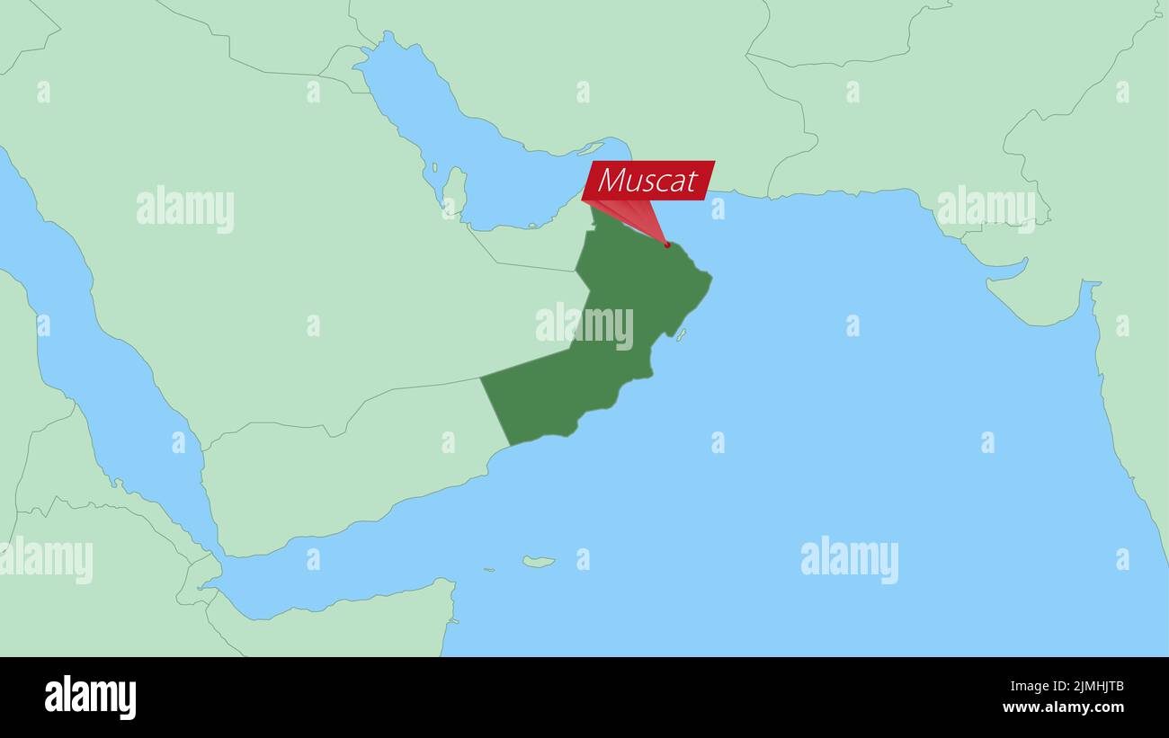 Map of Oman with pin of country capital. Oman Map with neighboring ...