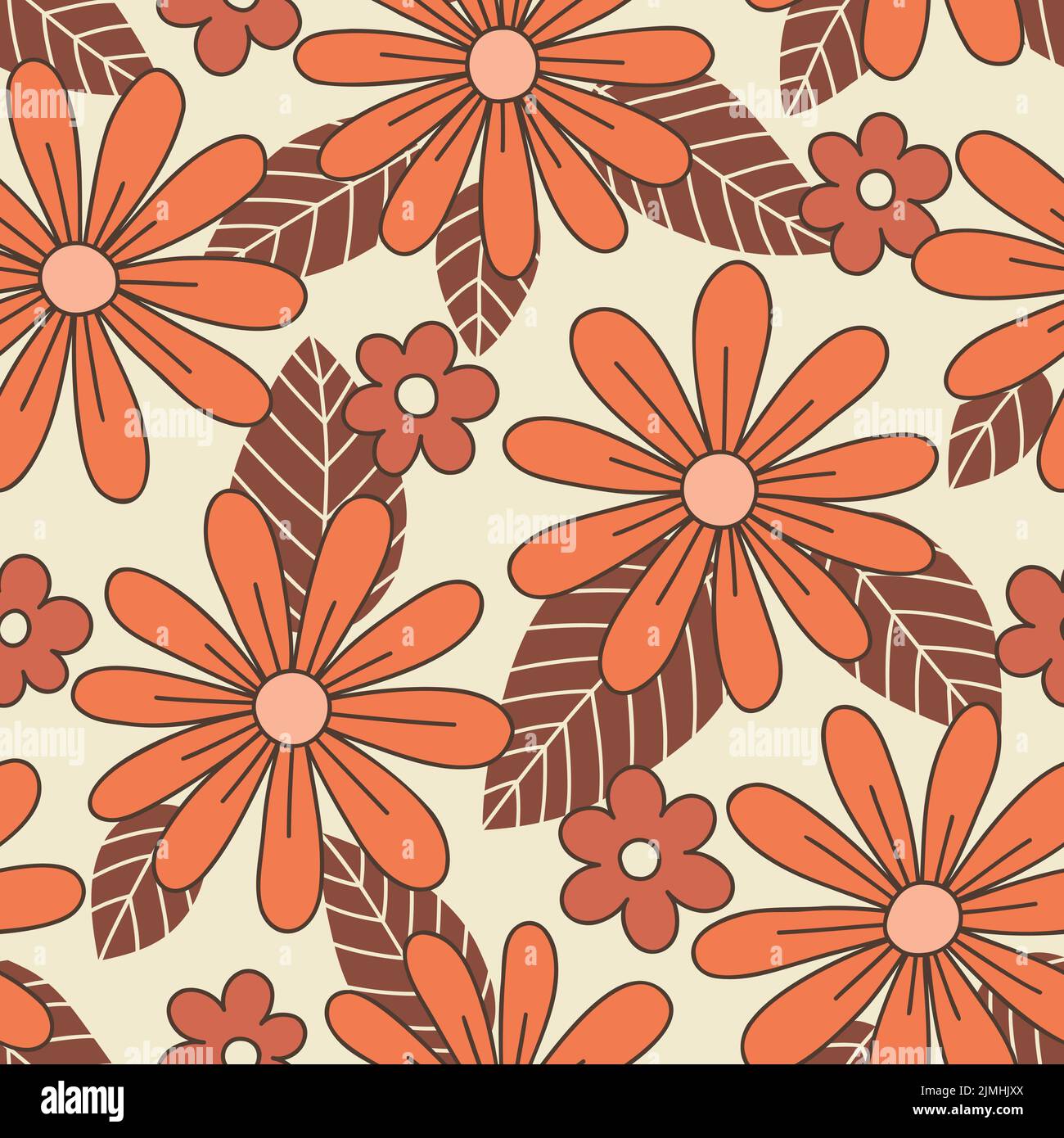 Colorful Large Scale Hand-Drawn Floral Daisies Vector Seamless Pattern ...