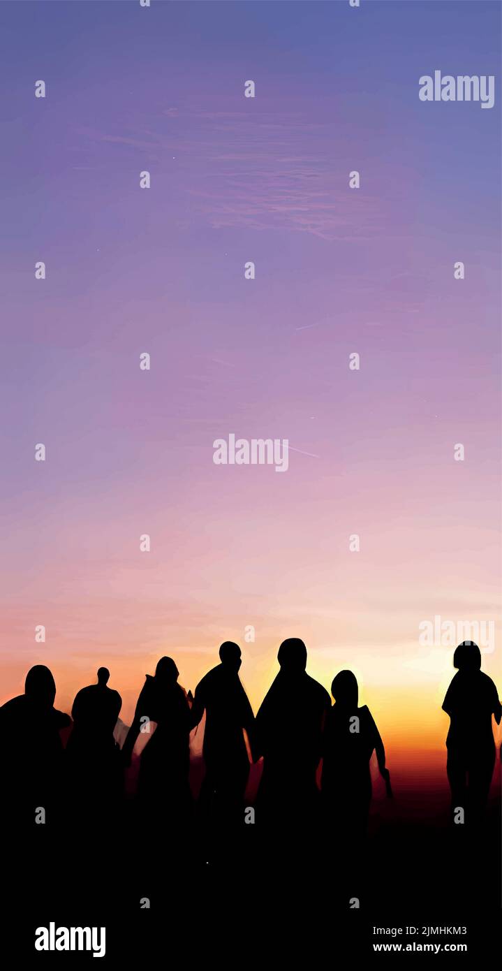 A vertical design of people silhouettes on sunset background Stock ...