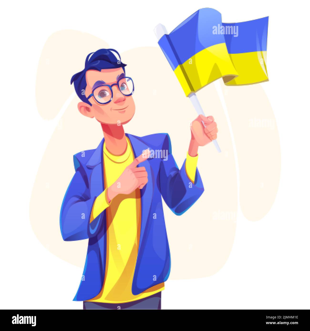 Man with Ukrainian flag, male character pointing with index finger on ...