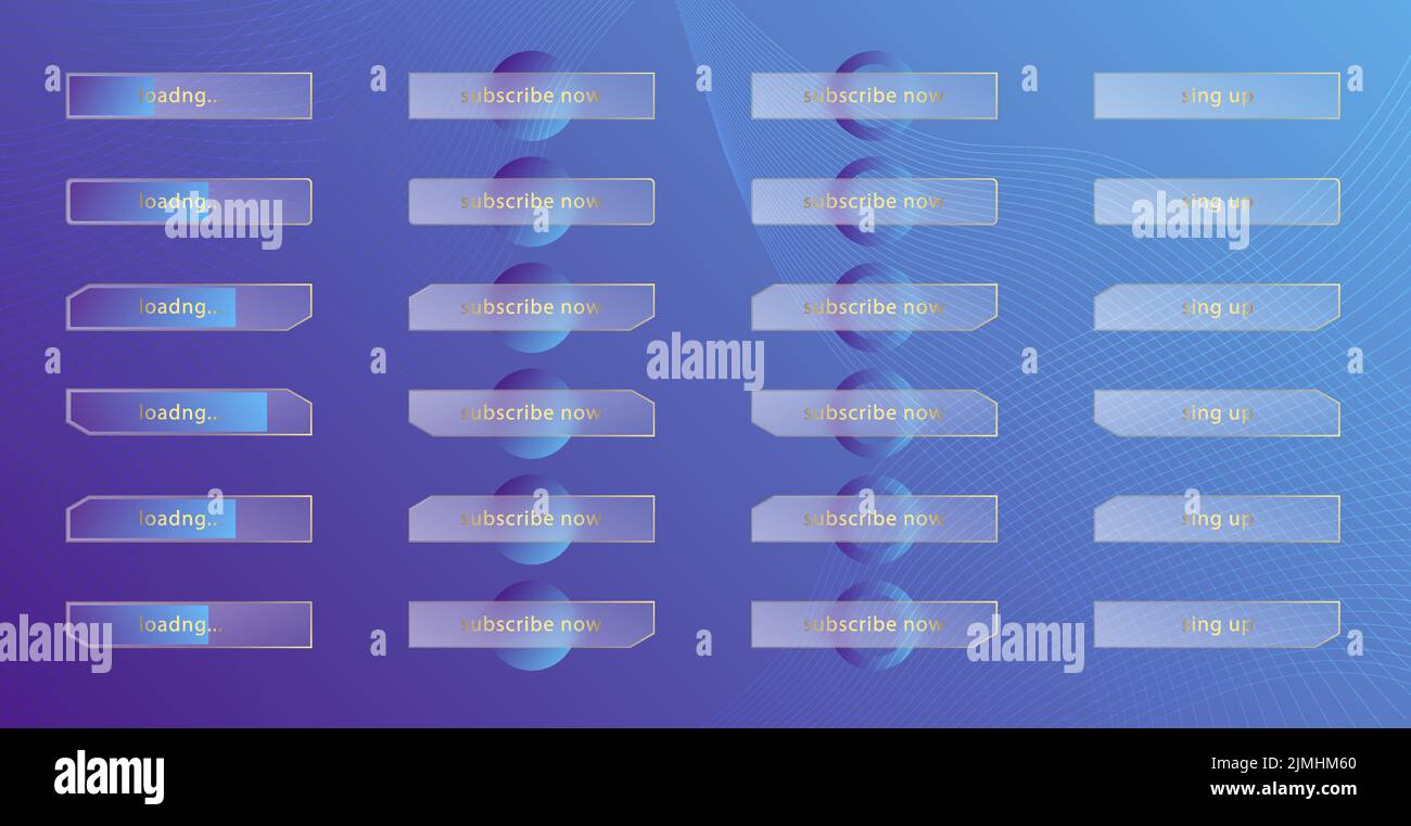 Glass morphism effect. Set of transparent frosted acrylic buttons and loading bars. Blue ...