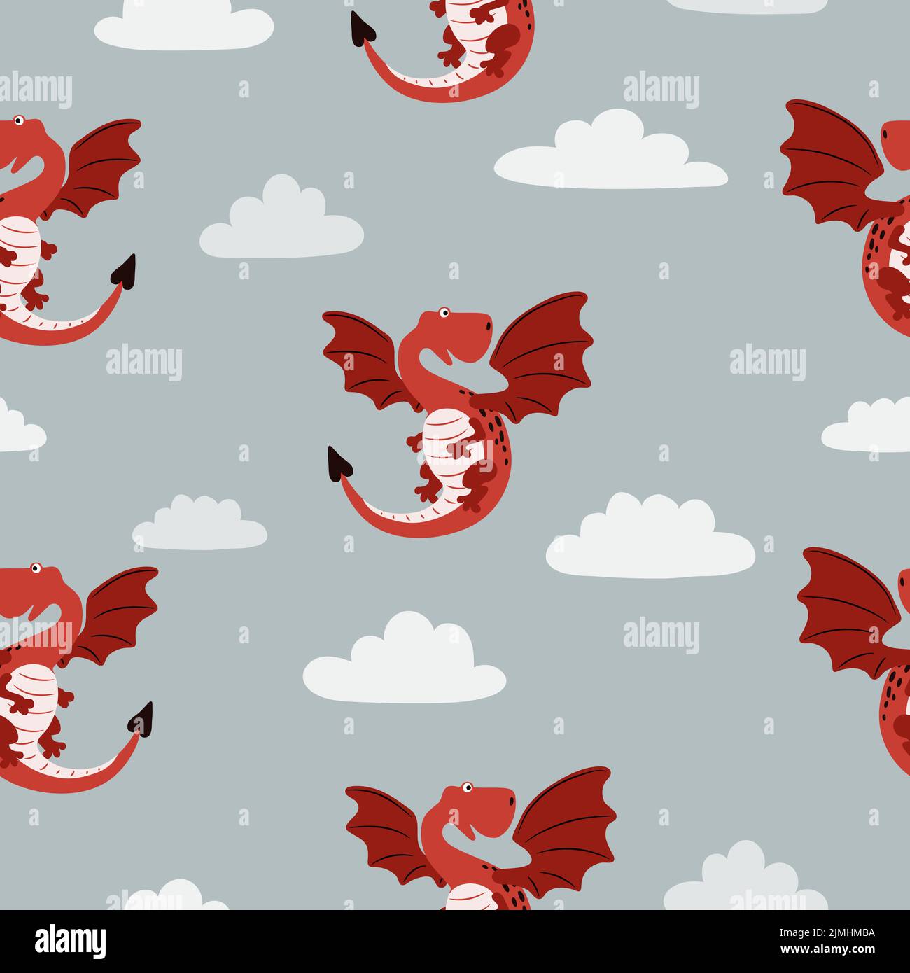 Seamless cute flying dragon pattern. Vector cartoon illustration Stock ...