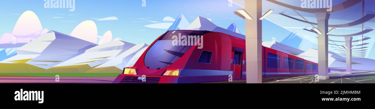 Modern railway station with train, platform and glass roof. Vector ...