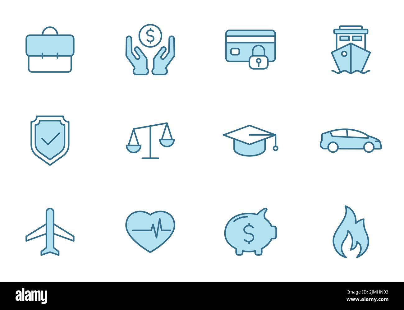 Insurance flat vector icons in two colors isolated on white background ...