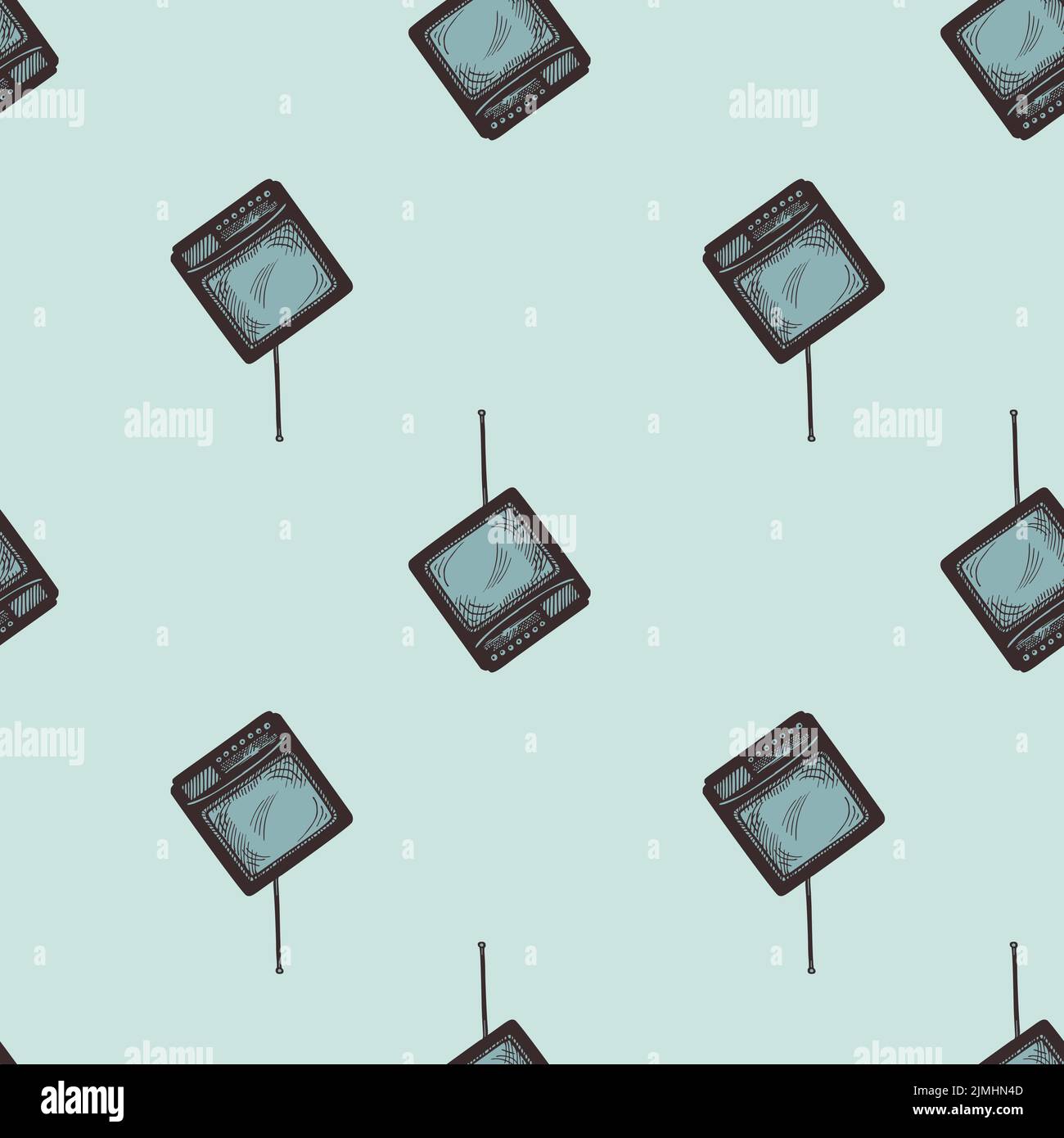 Retro TV with antenna engraved seamless pattern. Vintage television in ...