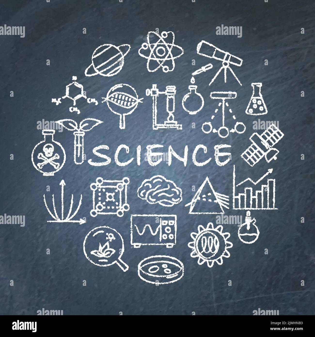Science round poster on chalkboard. Banner with scientific elements ...