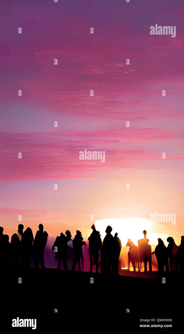 A vertical design of people silhouettes on sunset background Stock ...