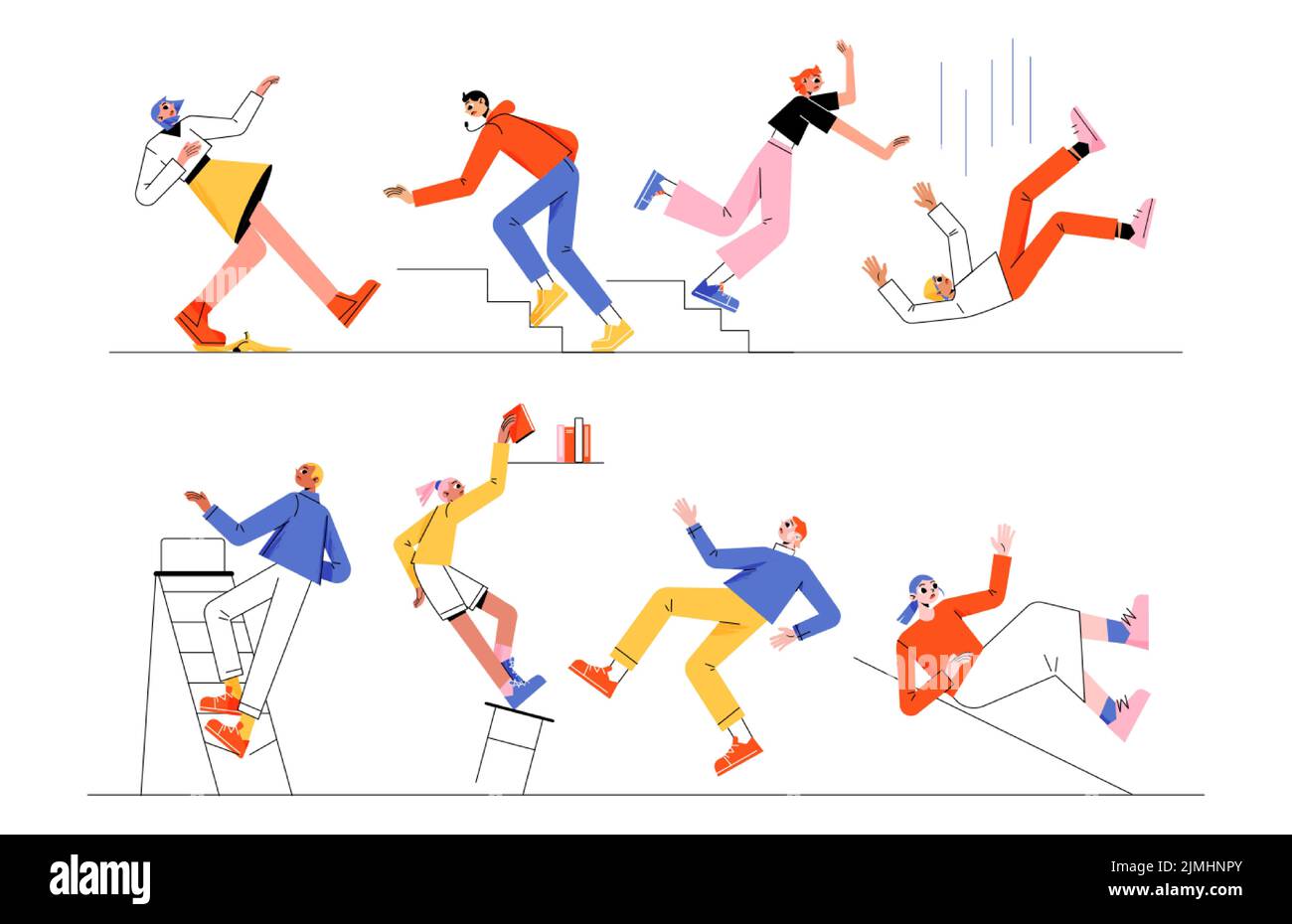 Vector people falling down stairs, ladder and on slippery floor ...