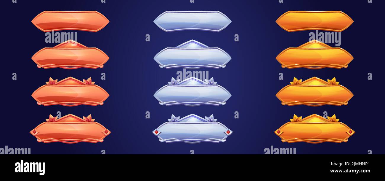 Medieval game menu frames, ui elements, buttons, plaques. Gold, silver ...