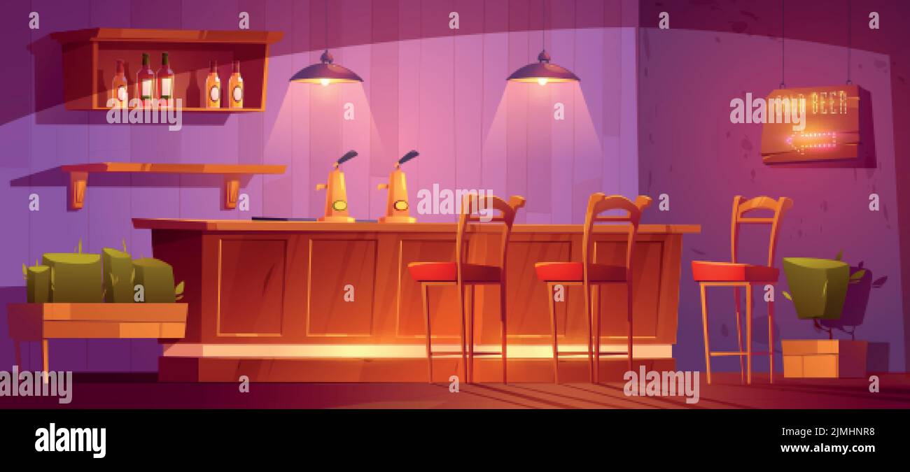 Bar with wooden counter, beer pumps and bottles in cafe or restaurant ...