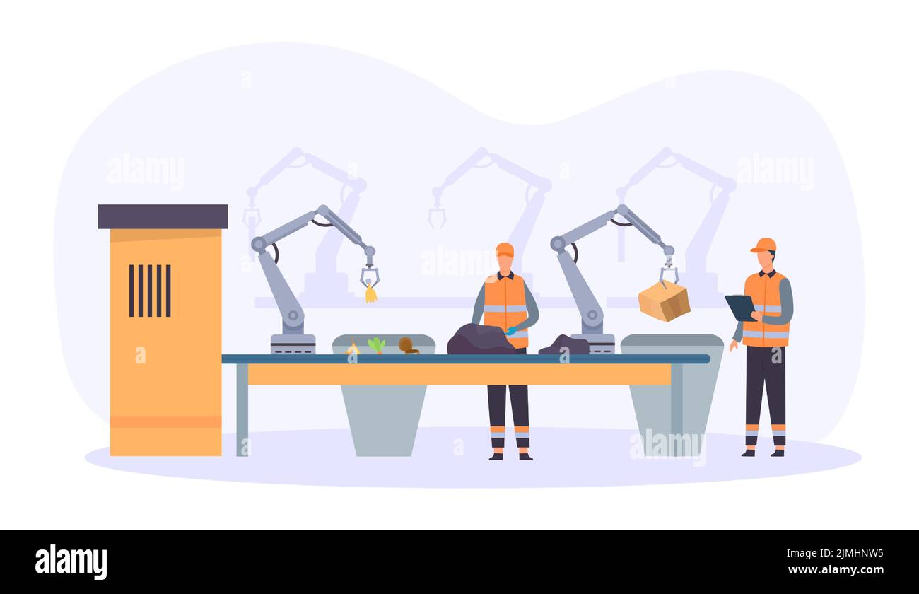 Flat garbage recycle factory building. Male character working on raw ...