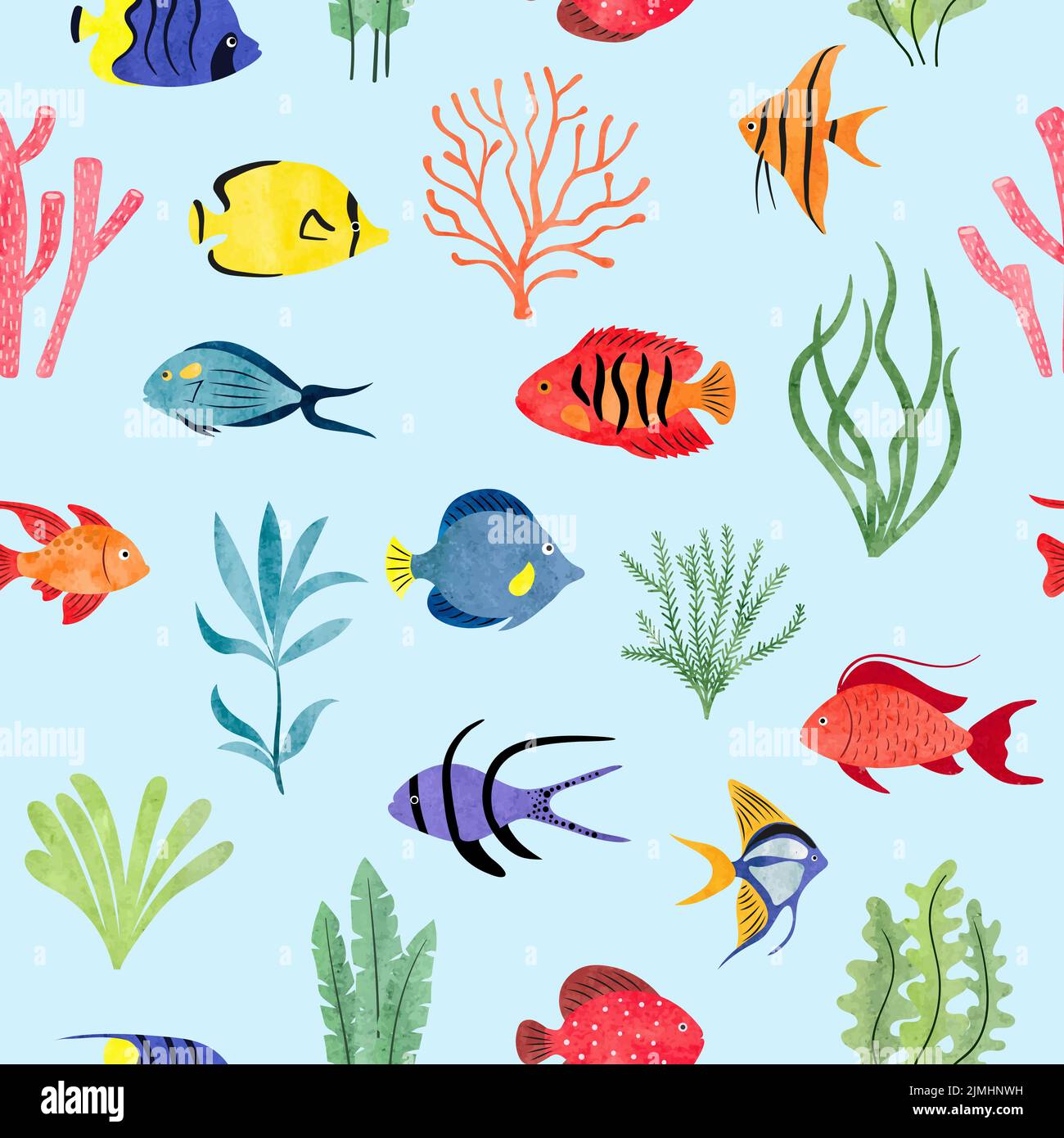 Seamless tropical sea fish pattern. Coral reef watercolor vector ...