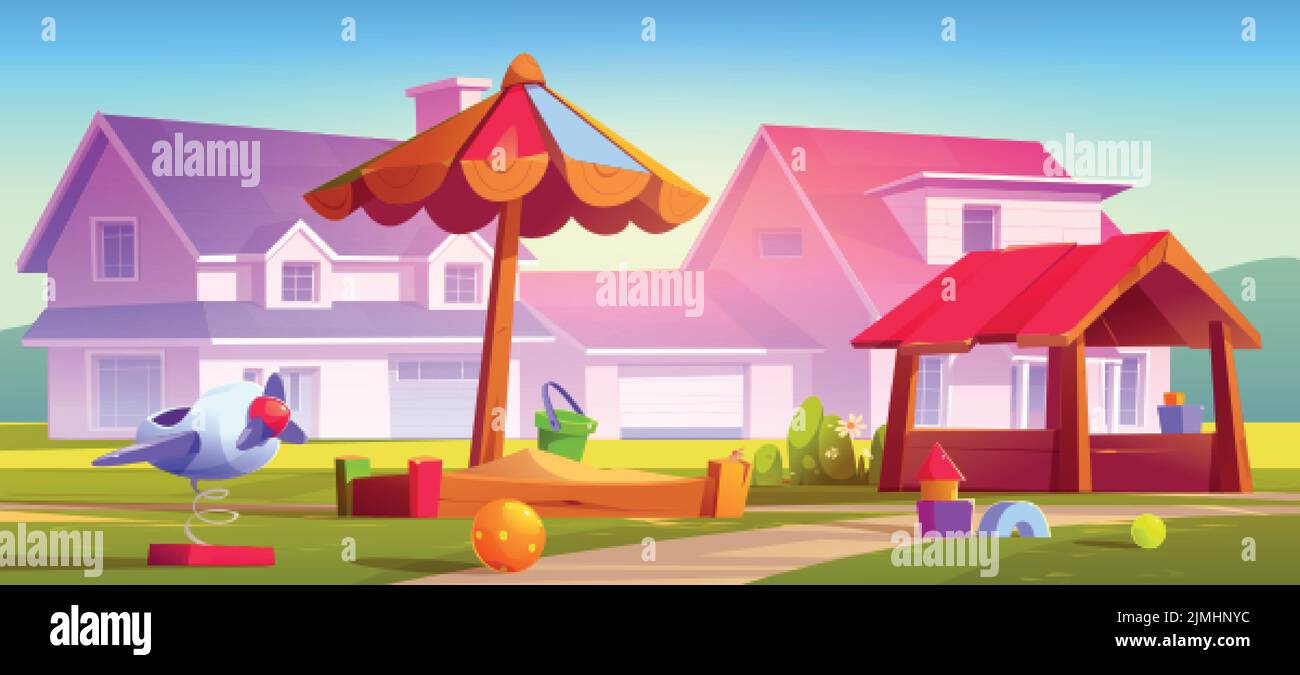 Kids playground at suburb with cottages, children area with sandbox ...