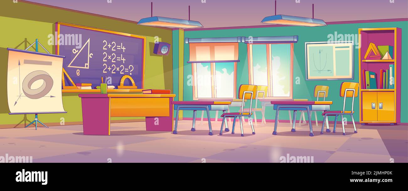 Mathematics classroom interior, school class room with teacher table ...