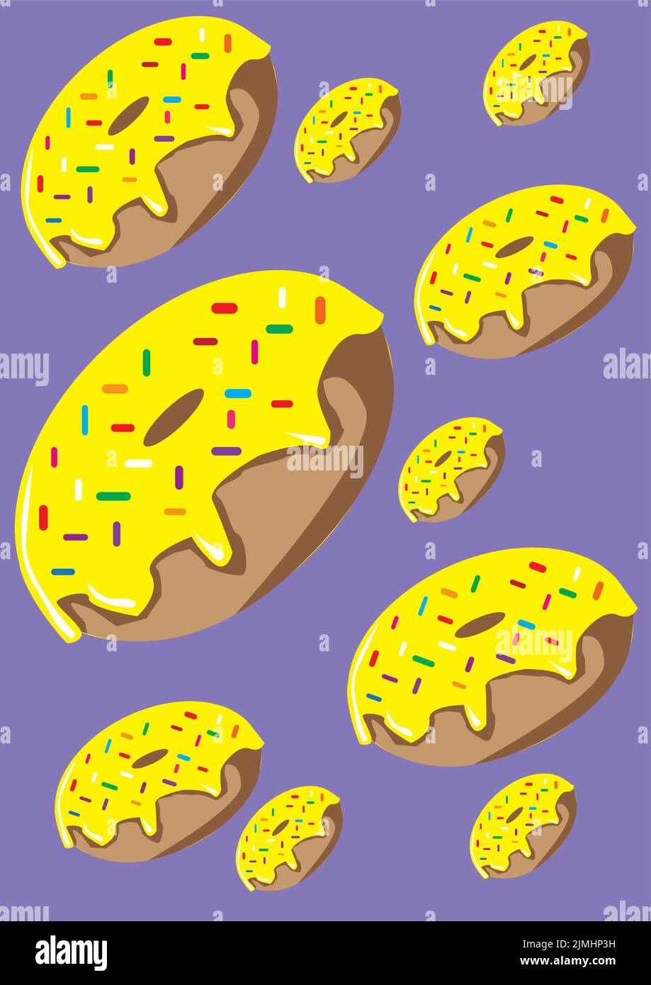 Repeating pattern of yellow donuts falling from the sky with colored ...