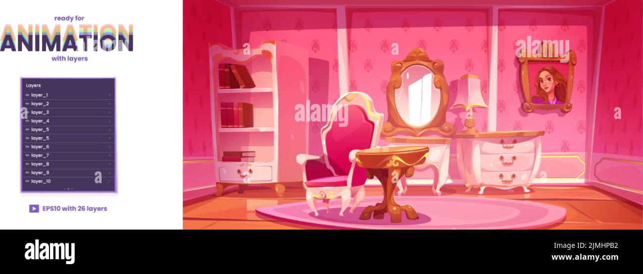 Princess room interior with pink walls in palace or castle. Vector ...