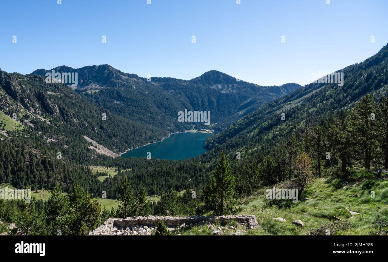 view down to the Lac d'Oredon from the Barrage dam and Lac de Cap-de ...