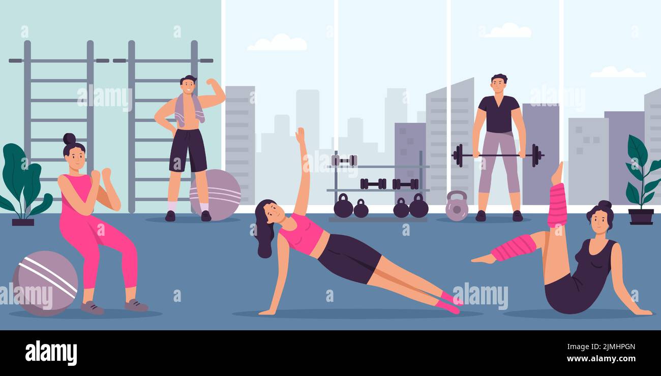 People in gym. Man and woman exercising indoor, doing sport. Female ...