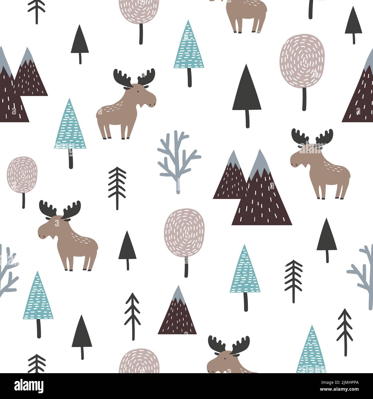 Seamless Scandinavian pattern with elks and trees. Vector wood ...
