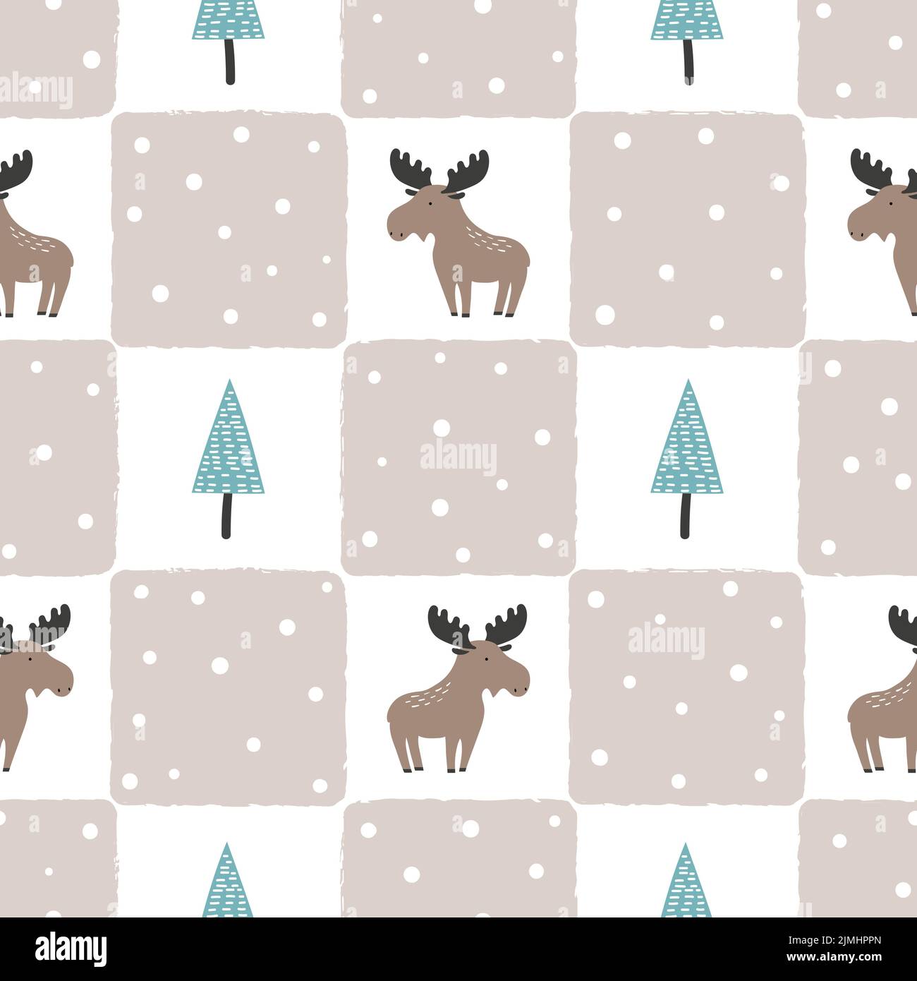 Seamless checked pattern with cute elk and trees. Christmas wrapping ...
