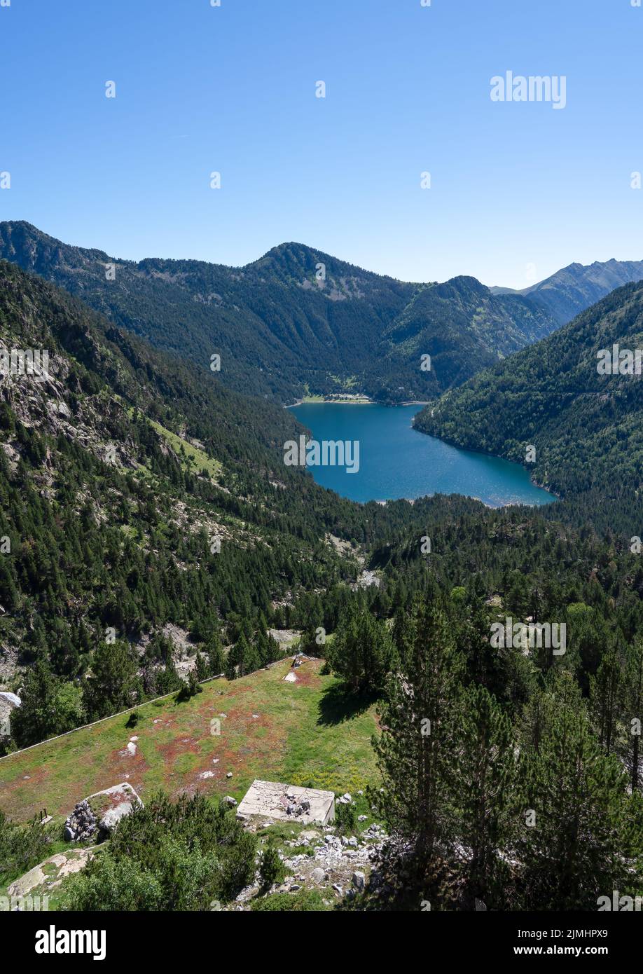 view down to the Lac d'Oredon from the Barrage dam and Lac de Cap-de ...