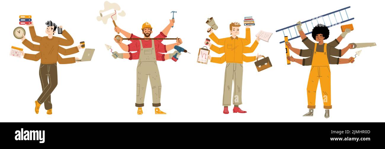 Diverse people with many hands. Multitask, workaholic with multiple ...