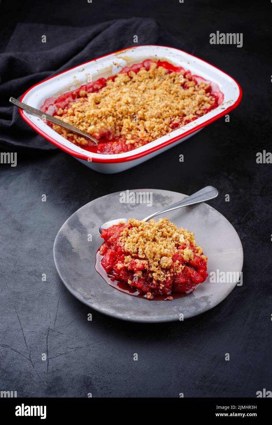 Modern style traditional American crumble cake with rhubarb and apple ...