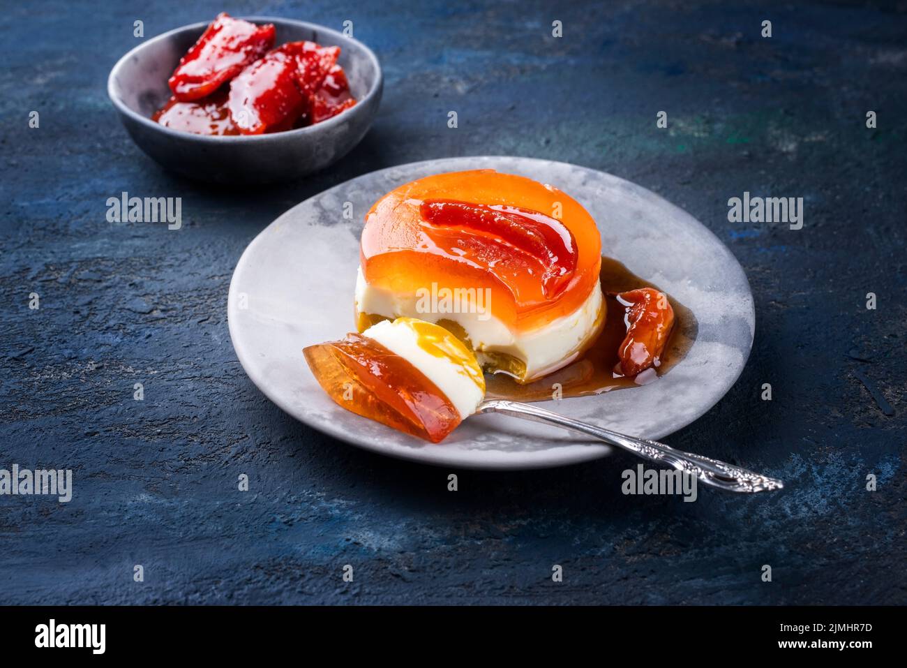 Modern style traditional blancmange almond pudding with quince moraba ...