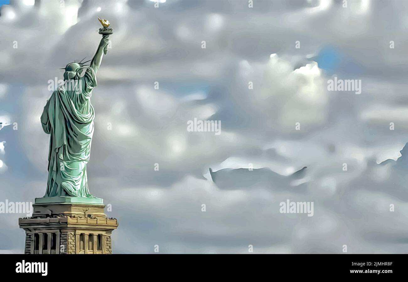 A beautiful design of the Statue of Liberty on the background of clouds ...