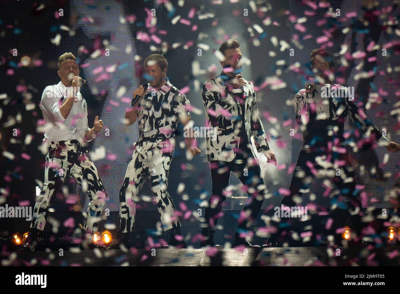 Westlife on stage at Wembley Stadium, London, during their sell-out ...