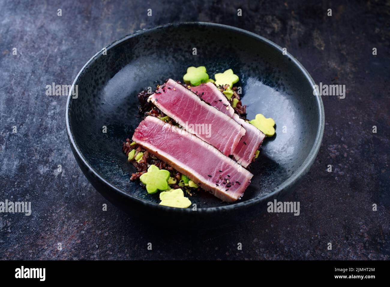Modern style traditional Japanese gourmet seared tuna fish steak tataki ...