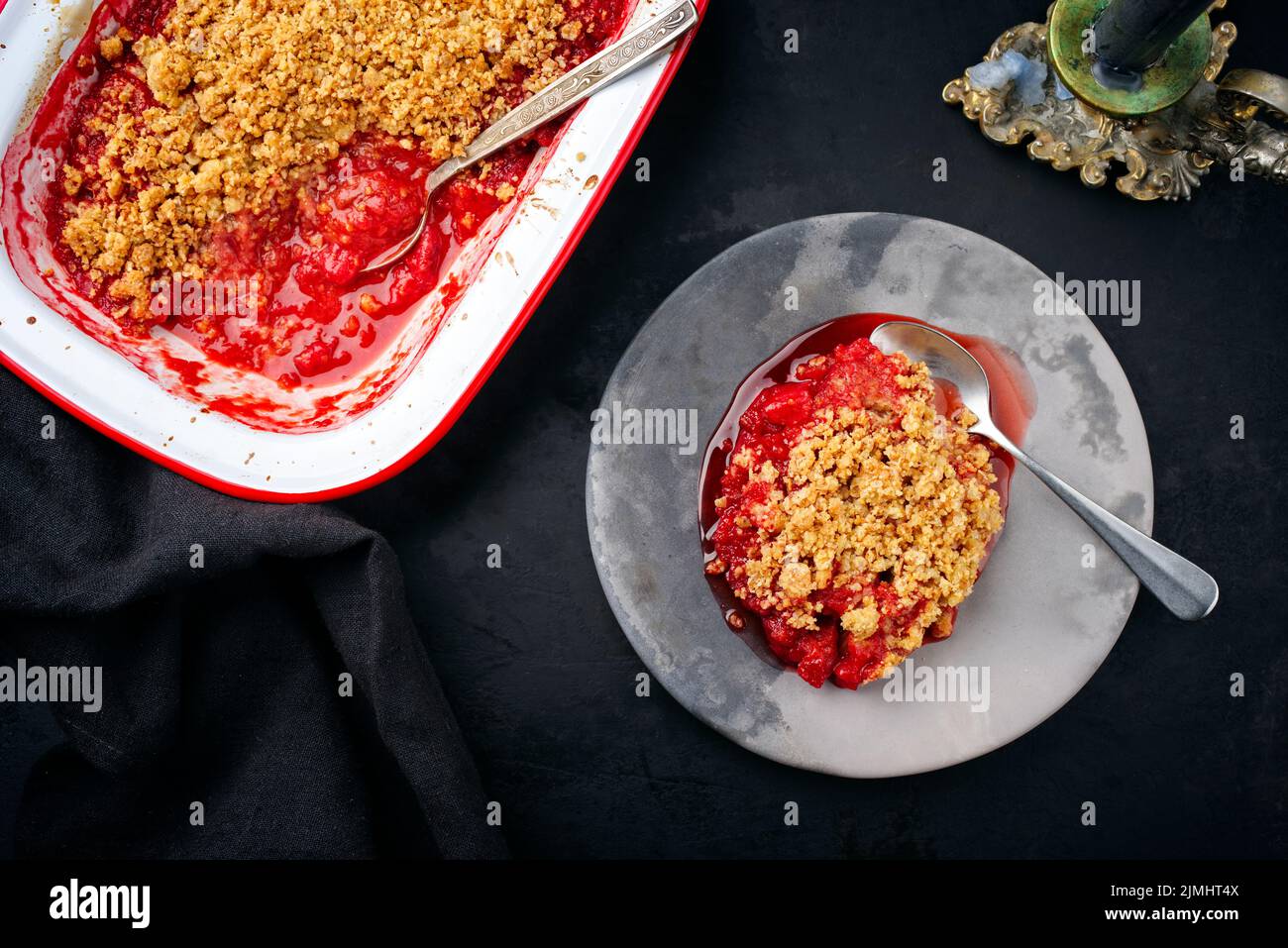 Modern style traditional American crumble cake with rhubarb and apple ...