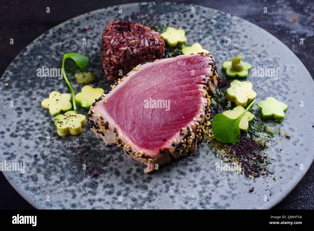 Modern style traditional Japanese gourmet seared tuna fish steak tataki ...