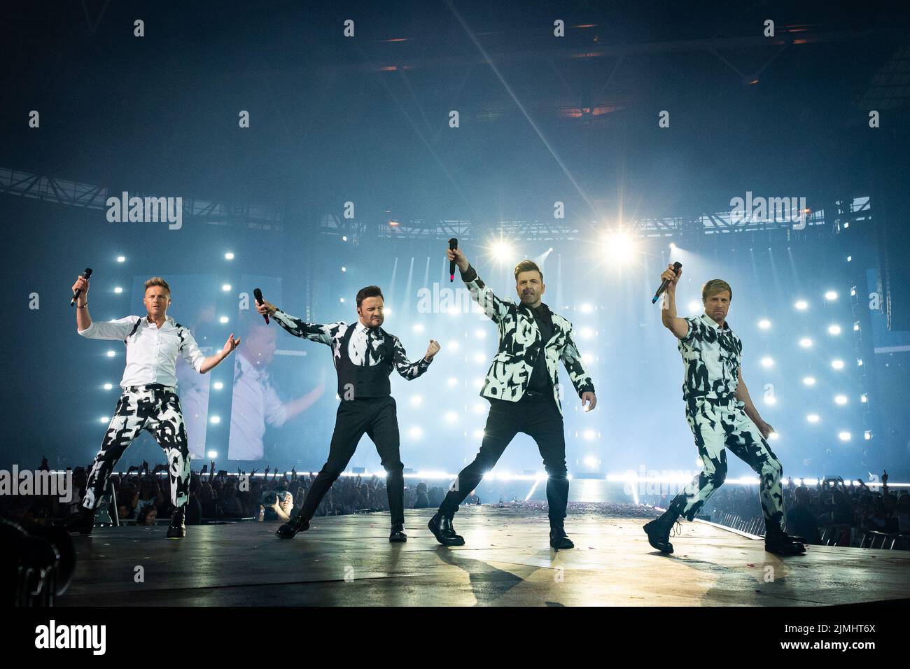 Westlife on stage at Wembley Stadium, London, during their sell-out ...