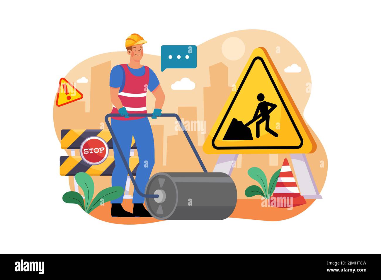 Worker using road roller makes paving on highway or street Stock Vector ...