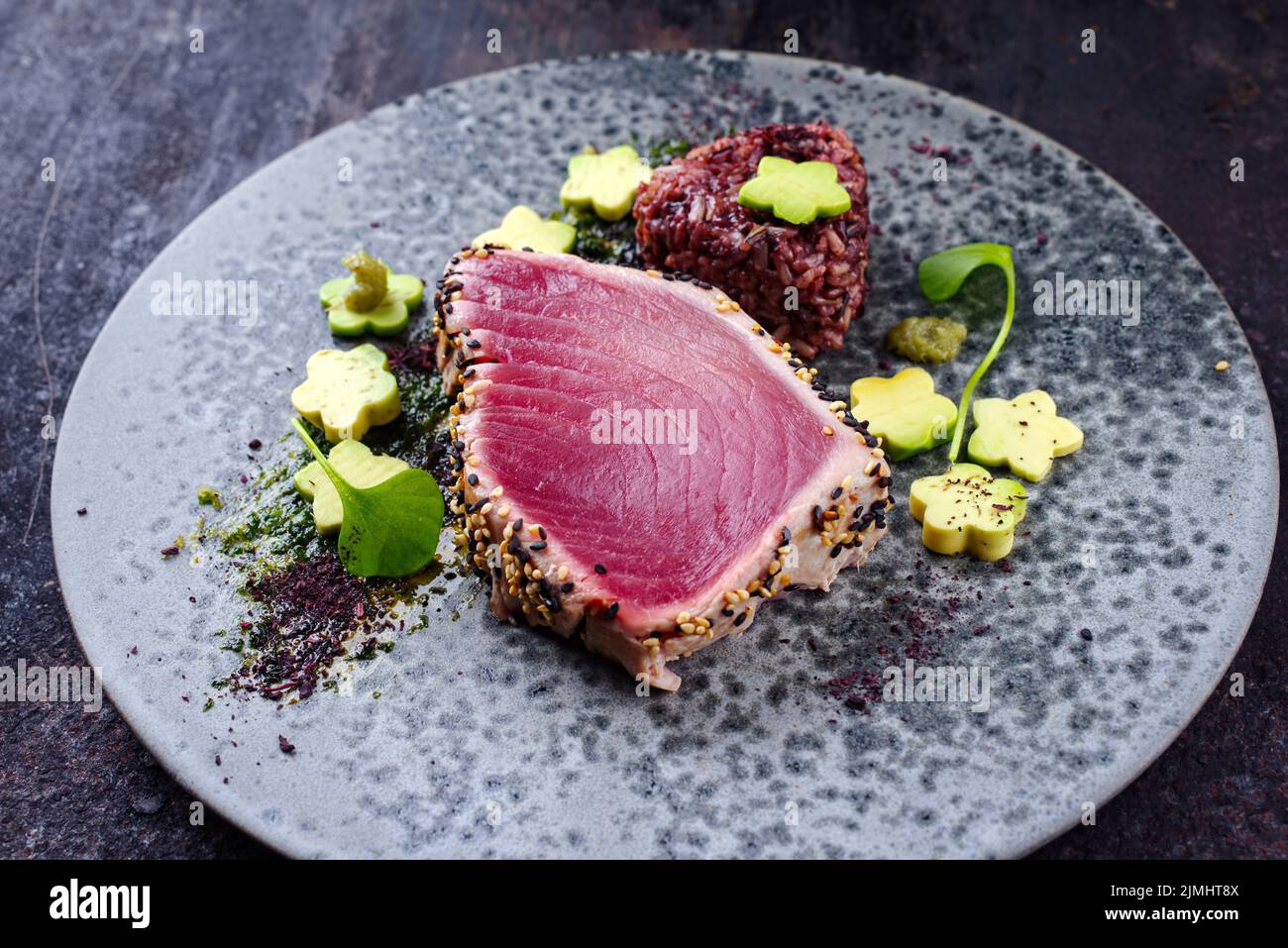 Modern style traditional Japanese gourmet seared tuna fish steak tataki ...