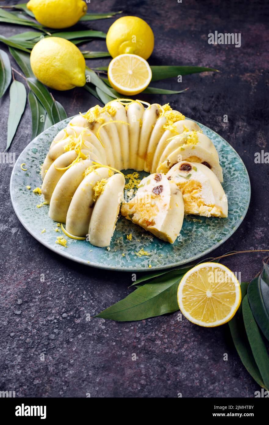 Traditional Italian budino di ricotta cheese pudding cake with raisins ...