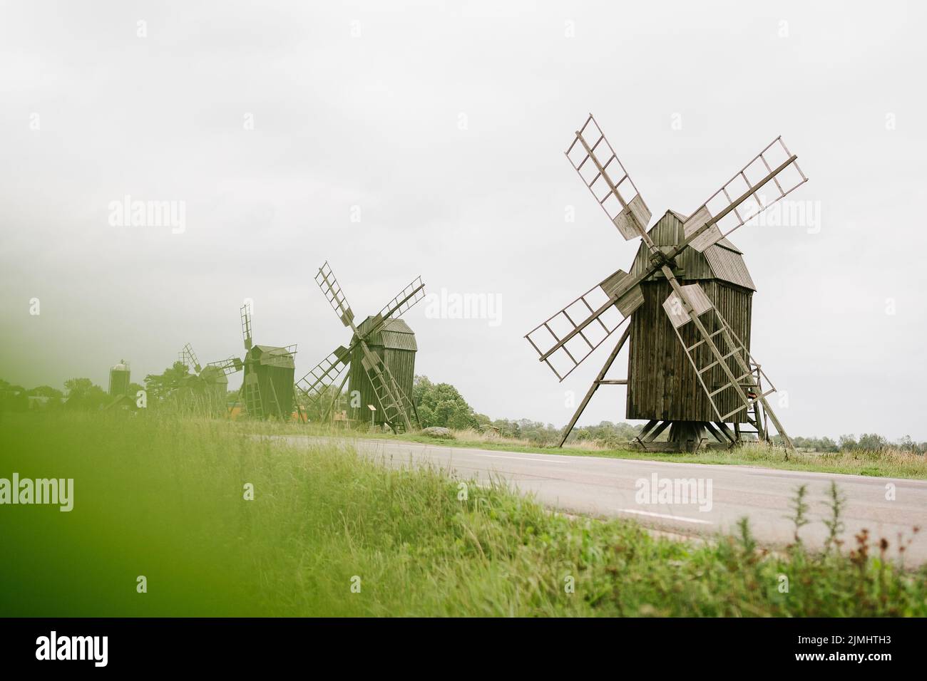 A windmill line in the Scandinavia, Lerkaka vaderkvarnar Oland, Sweden ...