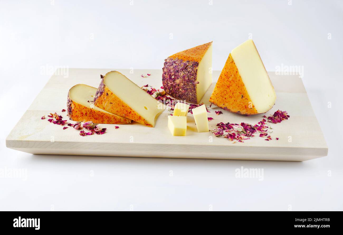 Modern style traditional aged rose blossom mountain cheese of the Alps ...