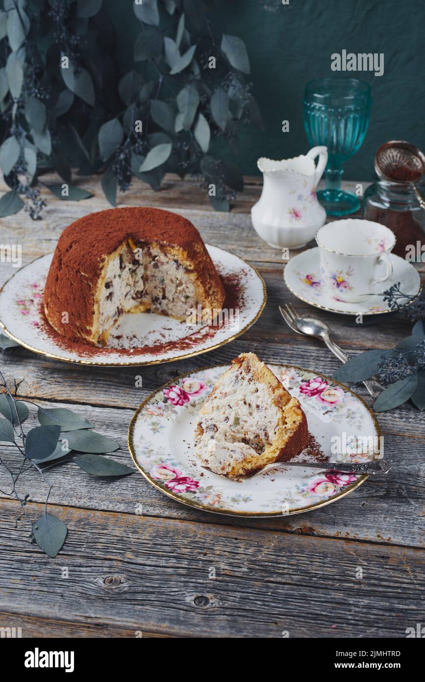 Traditional Italian Panettone cake stuffed with ricotta pudding Stock ...
