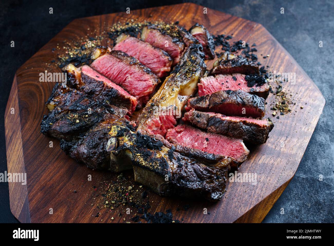 Modern style traditional barbecue dry aged wagyu porterhouse beef steak ...